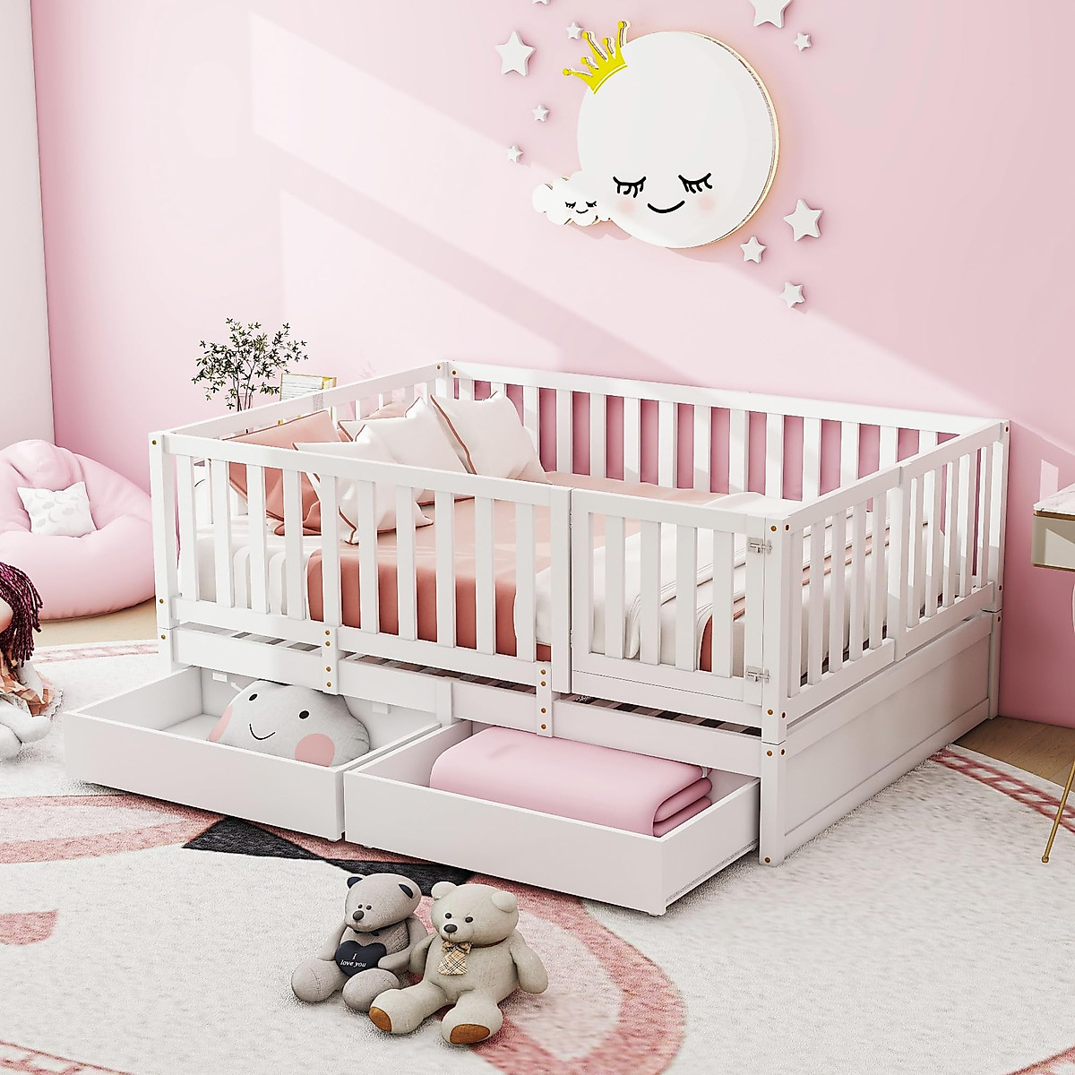 Wood Full Size Daybed with Fence Guardrails and 2 Drawers, Used as Independent Floor Bed & Daybed,for Kids Toddler Teens Adults Bedroom Use (White@Fence/, Full)