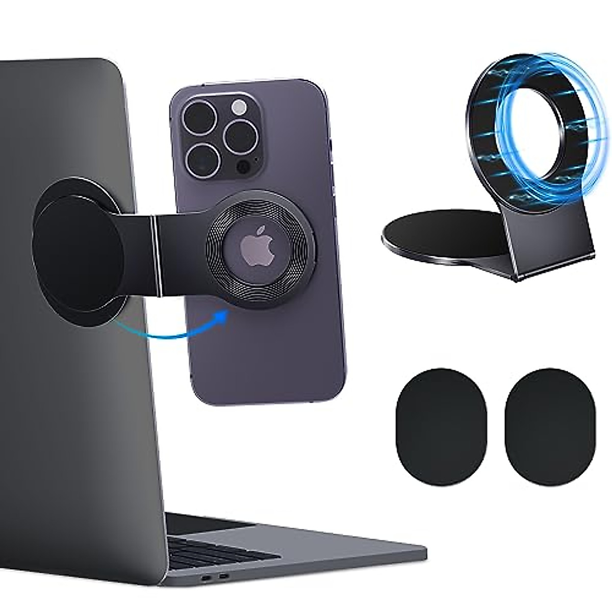 imluckies Detachable Magnetic Phone Holder for Laptop, Foldable Desktop Monitor Side Phone Mount, Adjustable Slim Portable Modular Stand for Desk/Wall, Works with MagSafe iPhone & All Phones, Black