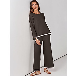 ANRABESS Women's Two Piece Outfits Long Sleeve Knit Pullover Sweater Tops & Wide leg Pants Casual Lounge Matching Sweatsuit Tracksuits Sets Coffee Large