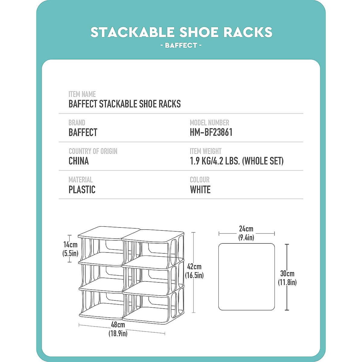 Baffect 8 Tier Shoe Rack, Free Standing Shoe Storage Organizer for Closet, Plastic Stackable Shoe Storage Tower, Vertical Shoe Holder for Entryway Space Saving Narrow Shoe Cabinet (White)