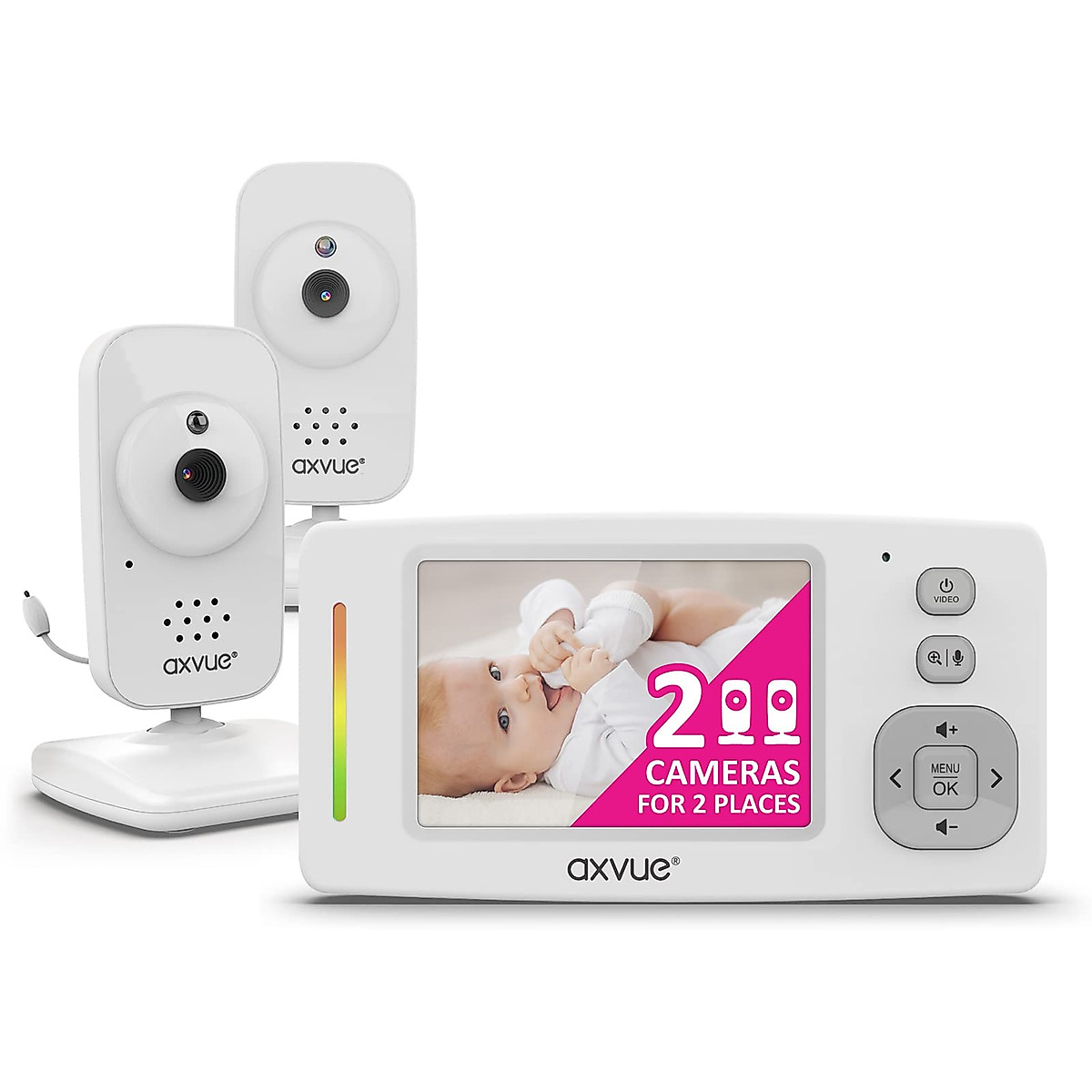 Axvue Video Baby Monitor, Slim Handheld, Non-Slip Design, 2.8" Horizontal Screen Monitor & 2 Camera,12 Hour Battery Life, 2-Way Talk, Night Vision, Temperature Monitor, No WiFi.