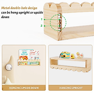 Zouboat Scalloped Floating Nursery Bookshelves for Wall,Set of 2 Natural Wood Wall Bookshelf for Kids Rooms,Preassembled Baby Bookshelf,Hanging Storage Shelves