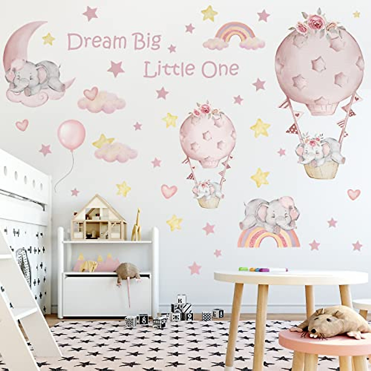 Dream Big Little One Elephant Wall Stickers Pink Hot Air Balloon Stars Wall Decals Baby Girl Room Decor for Nursery Peel and Stick Wall Decoration for Bedroom