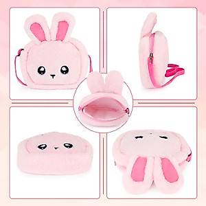 deAO Rabbit Bunny Plush Bag with 11.5" Fashion Doll, Cute Animal Backpack Cosmetic Purse Storage Bag, Doll with Fashion Plush Clothes Playset, Adjustable Strap Pink Fluffy Bunny Handbags for Girls