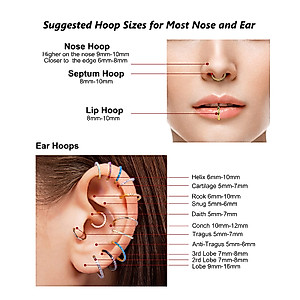 MIFANS Nose Ring Hoop, Lip Septum Cartilage Helix Tragus Conch Rook Daith Lobe Hoop Earrings Body Piercing Jewelry with White Opal 16G Diameter 8mm 10mm, Small Gold Hoop Earrings for Women Men