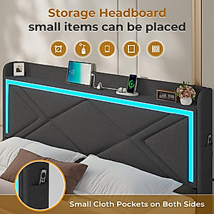HAUOMS Queen Bed Frame with Stoarge Drawers and LED Lights, Upholstered Platform Bed with Type-C & USB Charging Station, LED Bed Frame Queen with Storage Headboard, No Box Spring Needed, Dark Grey