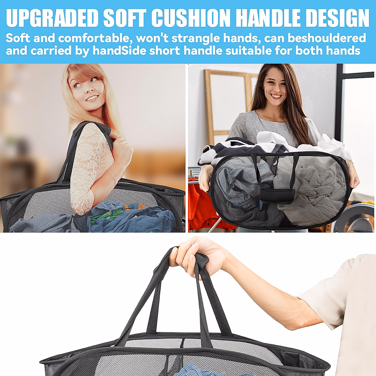 Collapsible Mesh Laundry Basket 2 Pack Pop Up Laundry Basket Mesh Foldable Laundry Basket with Soft Comfortable Handle Pad, Folding Laundry Basket Strong Durable and Excellent Breathability, Black