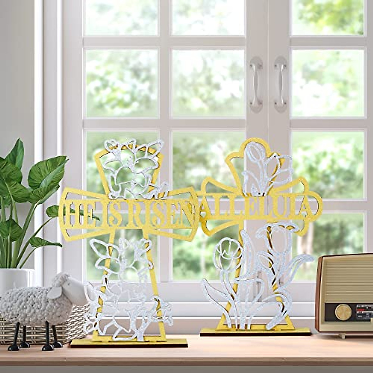 2 Pcs Easter Decorations Jesus Cross Sign Table Centerpieces Gold He Is Risen Cross Wood Tabletop 11in Alleluia Flower Christians Table Set Decor for Easter Tabletop Home Indoor Outdoor Spring Decor