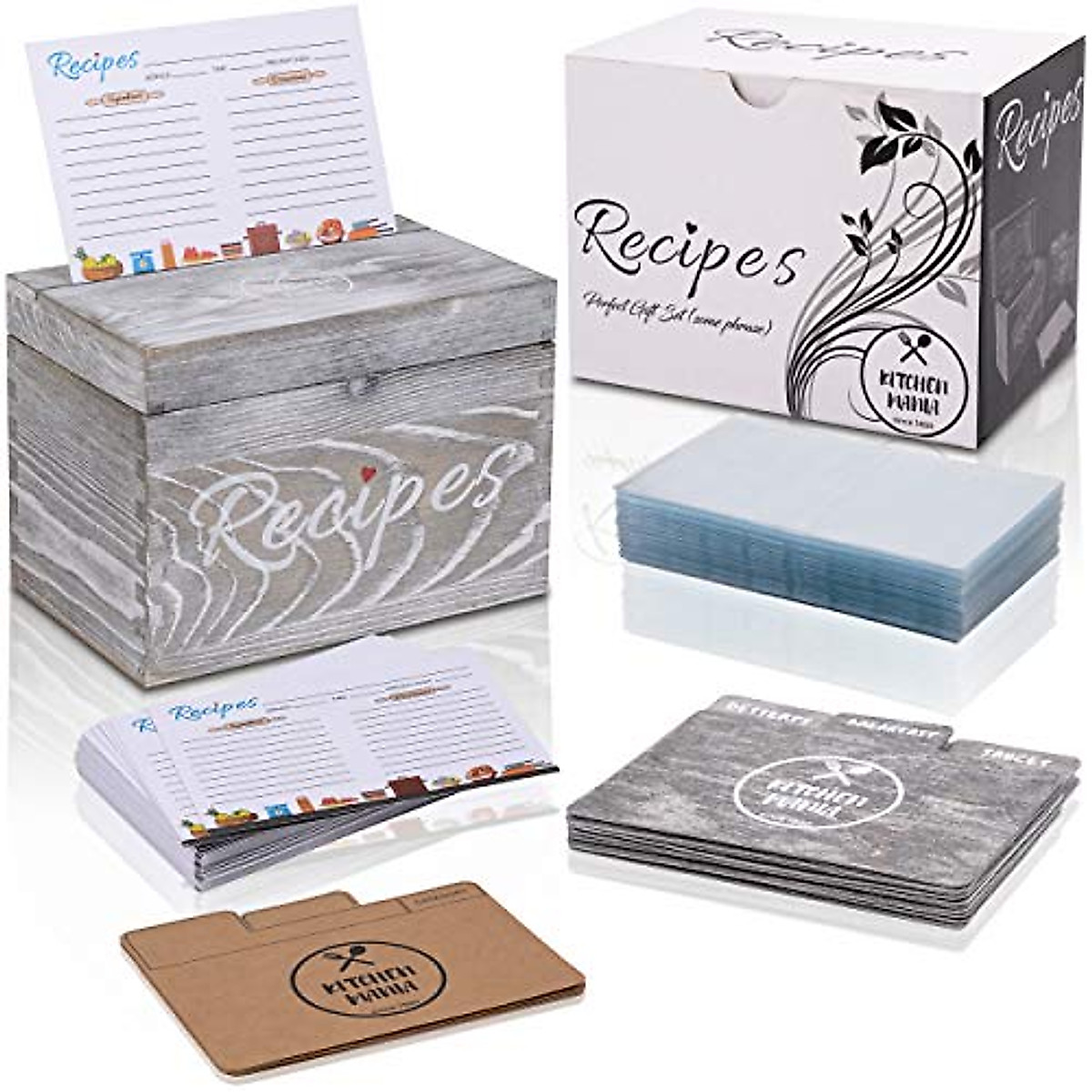 Wooden Recipe Box with Cards and Dividers,100 Recipe Cards 4x6 Double Sided and 100Clear Recipe Card Protectors,10 Wood Dividers Rustic Style Set,Grandma Mom Women Wedding Bridal Shower