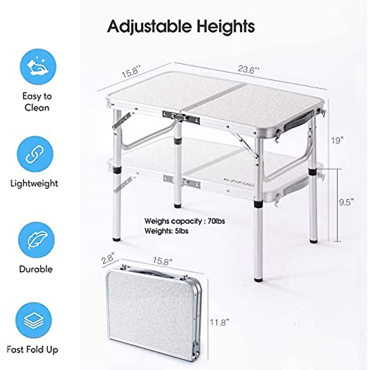 YihuiKo 24''x16'' Folding Camping Table - Portable Aluminum Small Picnic Folding Table - Adjustable Height Outdoor Camp Table for Picnic, Boat, Mini Van, Truckers, RV