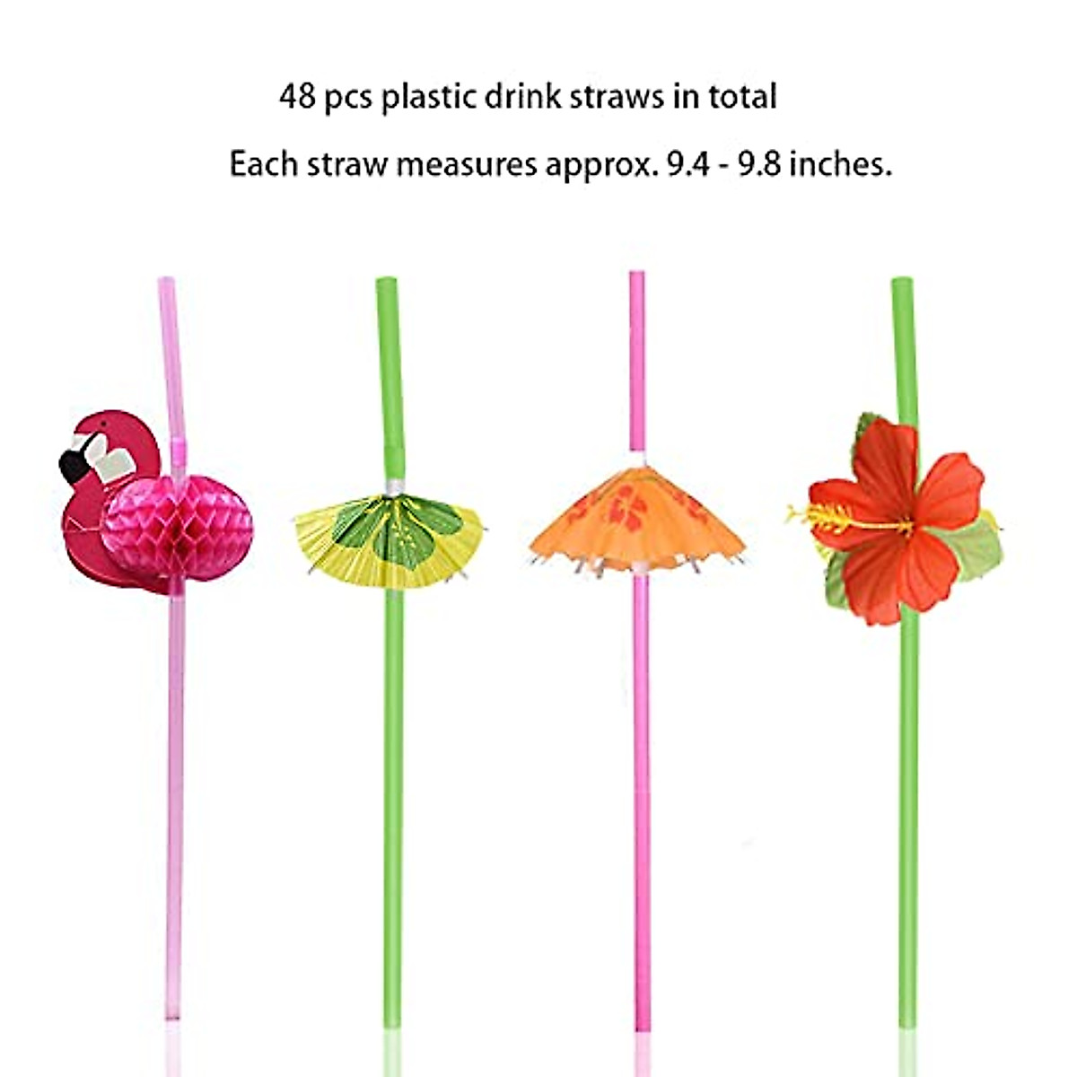 DelightBox 4 Dozen Assorted Tropical Drinking Straws Wedding Hawaiian Umbrella Flamingo Flower