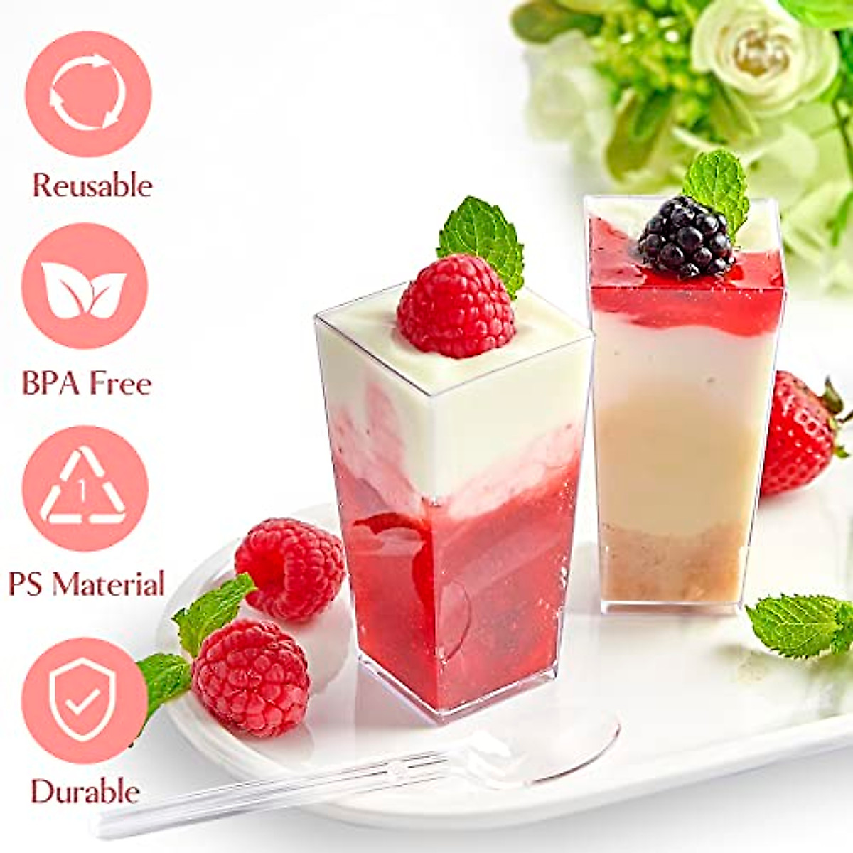 TOFLEN 50 Pack 3 oz Mini Dessert Cups with Spoons, Square Tall Clear Plastic Dessert Shooters Party Serving Tumbler Cups for Parfait Appetizers & Dessert Shot Glasses