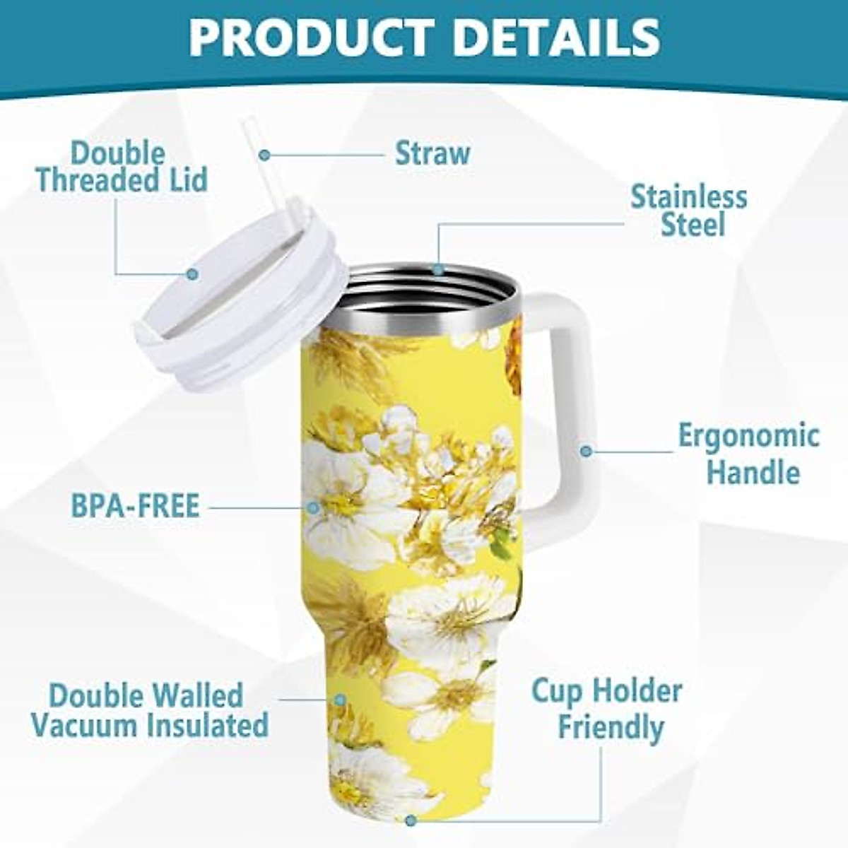 Burbuja Tropical Fruits Flowers 40oz Insulated Tumblers with Handle and Straw Lid, Double Wall Stainless Steel Travel Mug Leak-Proof, BPA Free, Gift for Mom Dad