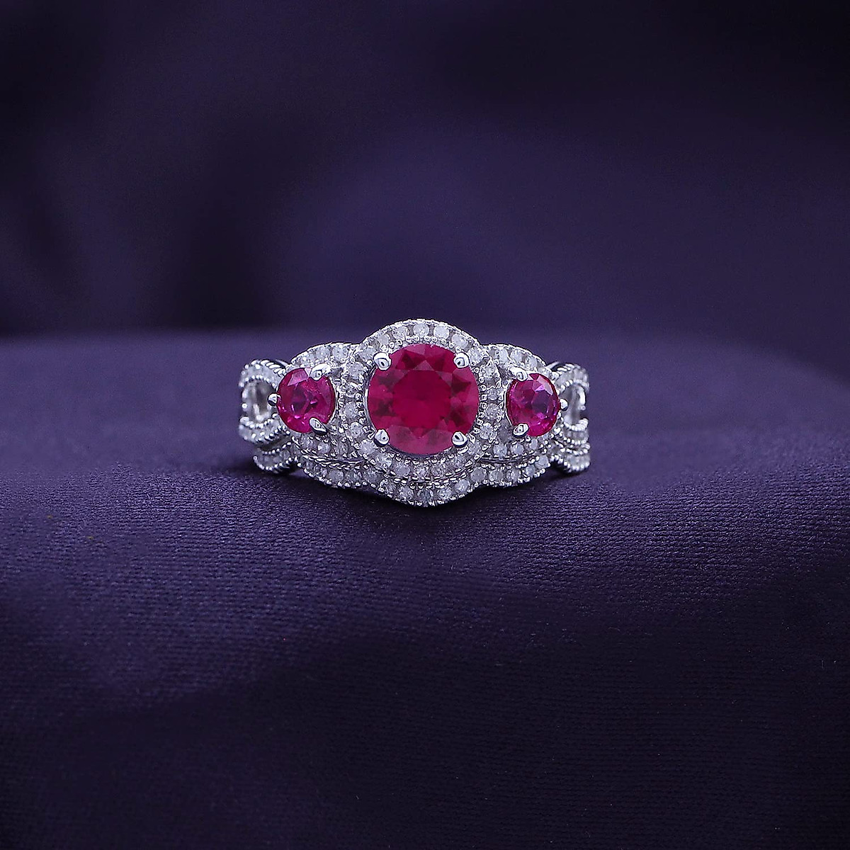 GEMVIO Collection Three Stone Ring, Round Cut Lab Created Ruby Gemstone & Natural Diamond Halo Bridal Set Engagement Ring In 14K White Gold Over Sterling Silver Wedding Band Ring-8