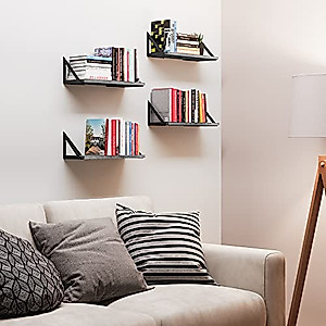 Wallniture Minori Floating Shelves Set of 4, 17"x6" Wood Wall Shelves for Living Room, Bathroom, Kitchen, Office, Bedroom, Gray Wood with Metal Floating Shelf Bracket