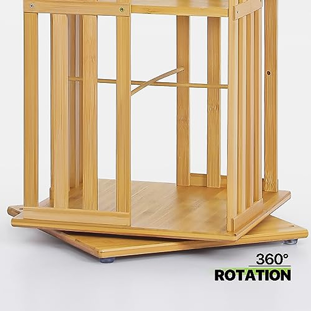 Magshion Rotating Bookcase 4-Tier Corner Shelf Bamboo Media Storage, 59.8" High Revolving Floor Standing Storage Organizer Living Room Bedroom 360 Degree Rotating Storage (Natural, Stripe Guardrail)