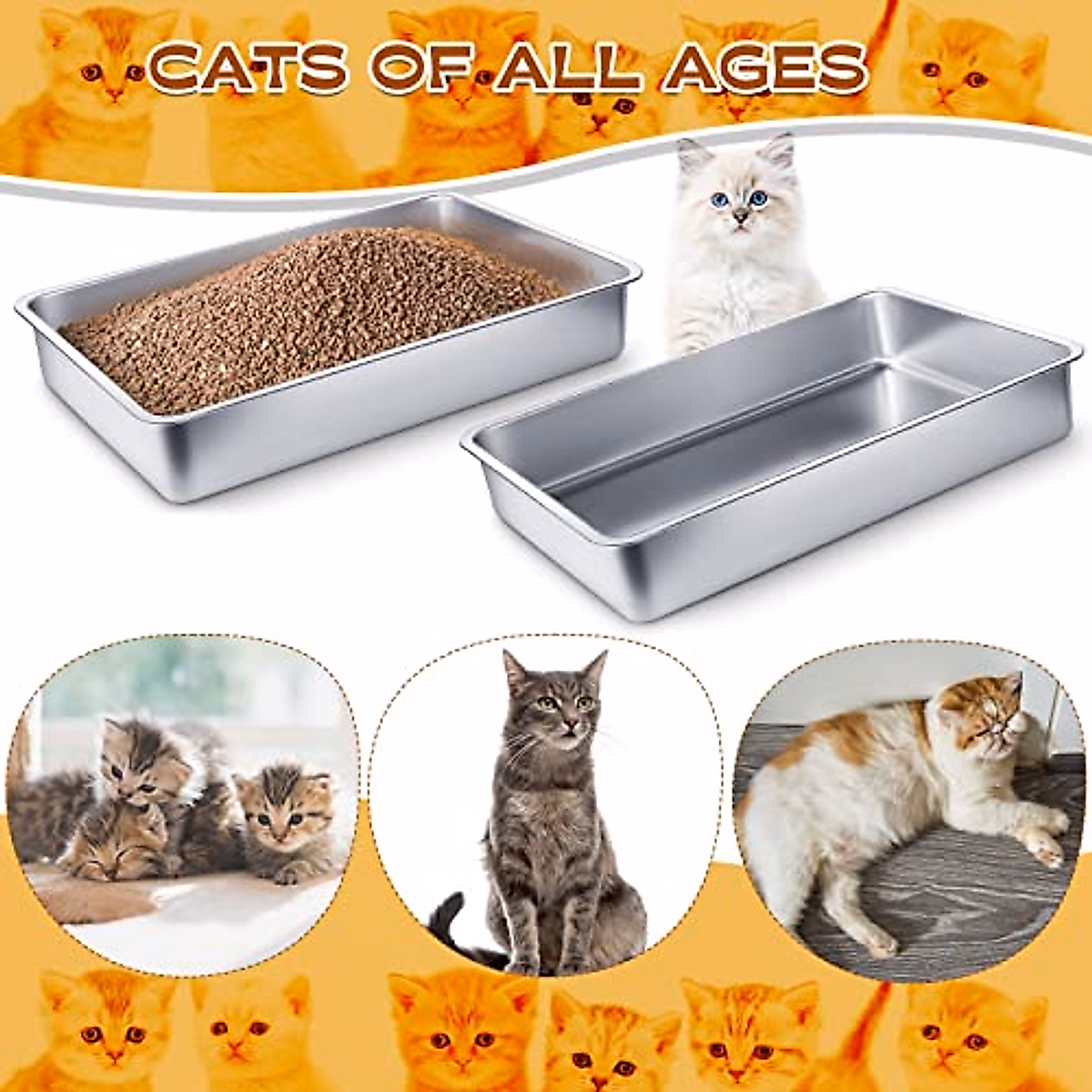 2 Pcs Stainless Steel Litter Box Rust Proof Metal Cat Box Stainless Cat Litter Box Odor Control Small Litter Box and Non Slip Rubber Feet for Cats Kitten Non Stick Smooth Surface (24 x 16 x 4 inch)