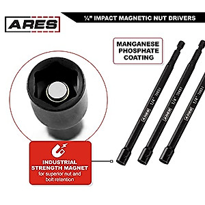ARES 27008-3-Piece 1/4-Inch Magnetic Impact Nut Driver Bit Set - 6-Inch Length - Impact Grade Nut Setters with Industrial Strength Magnets