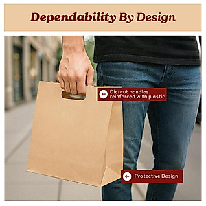 PTP BAGS Natural 11" x 6" x 11" Die Cut Tote Bags [Pack of 500] Kraft Paper Gift, Food Service Bags