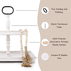 Perfnique Tiered Tray Stand, White Wooden 2 Tier Tray with 58in Wood Bead Garland, Serving Tray, Farmhouse Rustic Home Kitchen Decor, Morden Decorations Set for Shelf Coffee Bar Table (White)