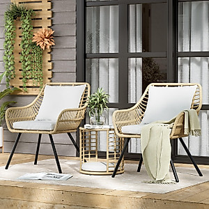 3 Piece Patio Bistro Set, Bistro Table and Chairs Set of 2 with Elevated Back Cushion, Round Glass Top Coffee Side Table, Patio Rattan Conversation Set for Balcony, Lawn, Garden, Backyard, White