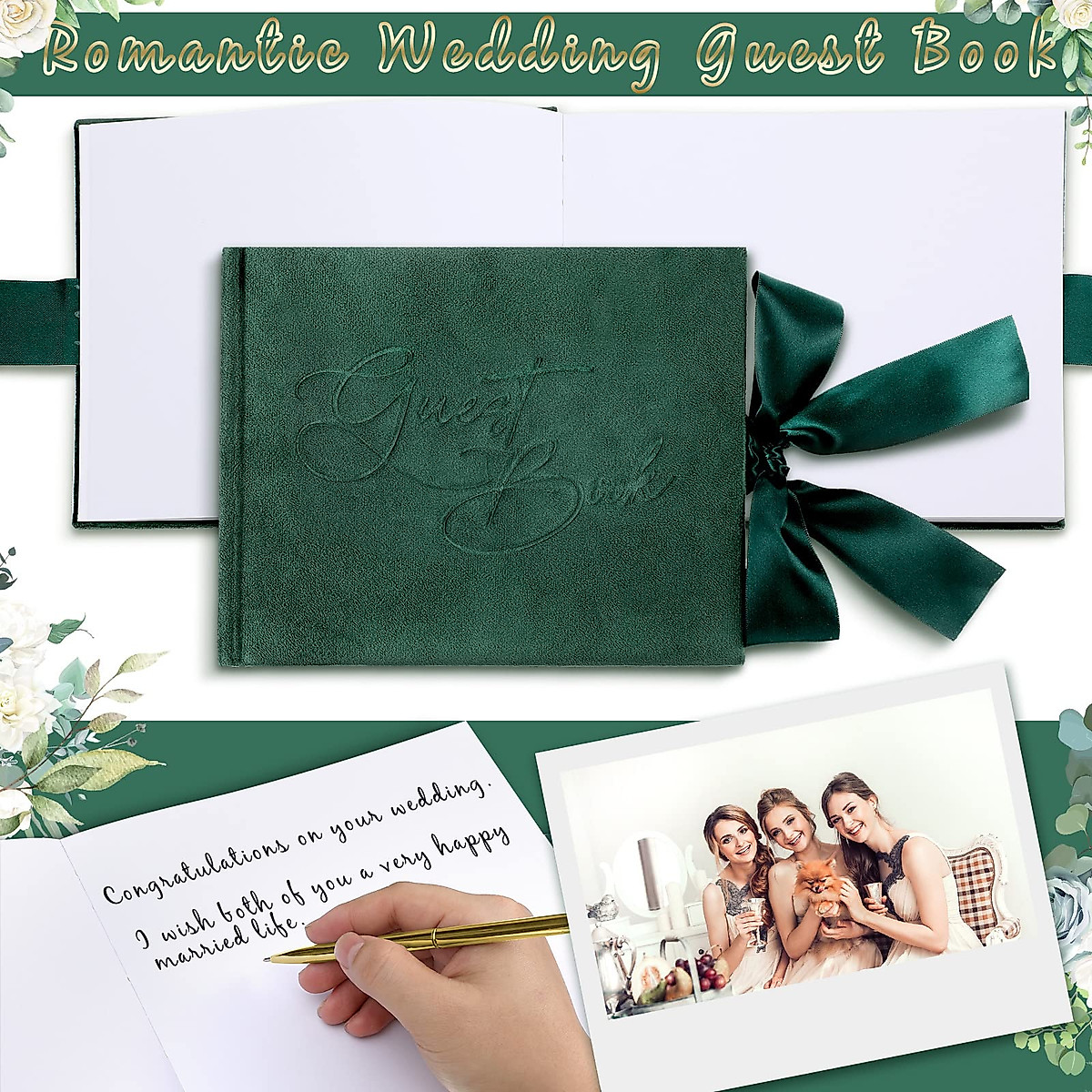 Panelee Wedding Guest Book with Pen Green Velvet Guest Book Wedding Reception 144 Page Sign in Book Wedding Memory Book Elegant Guest Book for Wedding Party Bridal Shower Guest Visitor