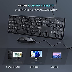 Wired Keyboard and Mouse Combo, USB Wired Corded Keyboard Mouse Set, Ultra Thin Full Size Keyboard and Mouse with Number Pad for Windows 7/8/10 Computer Laptop PC Desktop Notebook-Black
