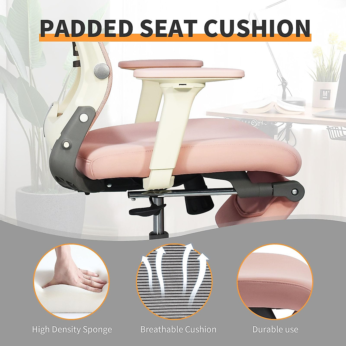 Foldable Ergonomic Office Chair with Footrest, High Back Computer Chair with 2D Headrest, Mesh Back, Sponge Seat, Adjustable Lumbar Support, 2D Armrest, Home Office Desk Chair, Pink