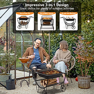 Tangkula Outdoor Fire Pit with Wheels and Firewood Log Rack, Patio Wood Burning Bonfire Pit with Storage Rack, Spark Screen, Portable Rolling Fire Pit Stove for Outside, Camping & Picnic