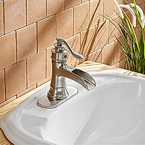 BWE Bathroom Faucet Brushed Nickel Waterfall Single Hole Matching Pop Up Drain Stopper Handle Sink Faucets Bath Vanity Lavatory Vessel Commercial Satin with Water Supply Hose