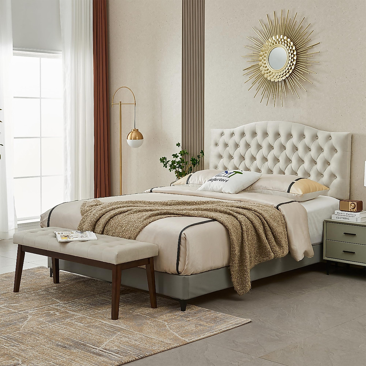 Befurtori Wood Upholstered Bench, Bedroom Bench End of Bed, Dining Bench with Solid Wood Legs and Button-Tufted, Velvet Ottoman Bench for Living Room, Entryway (Taupe)