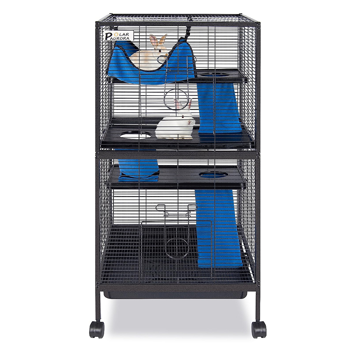 4 Tier Steel Deluxe Small Animal Pet Cage Kit for Guinea Pig Ferret Little Rabbit with Wheels Brakes Hammock 4 Platforms Removable Tray and Ladder with Flannel