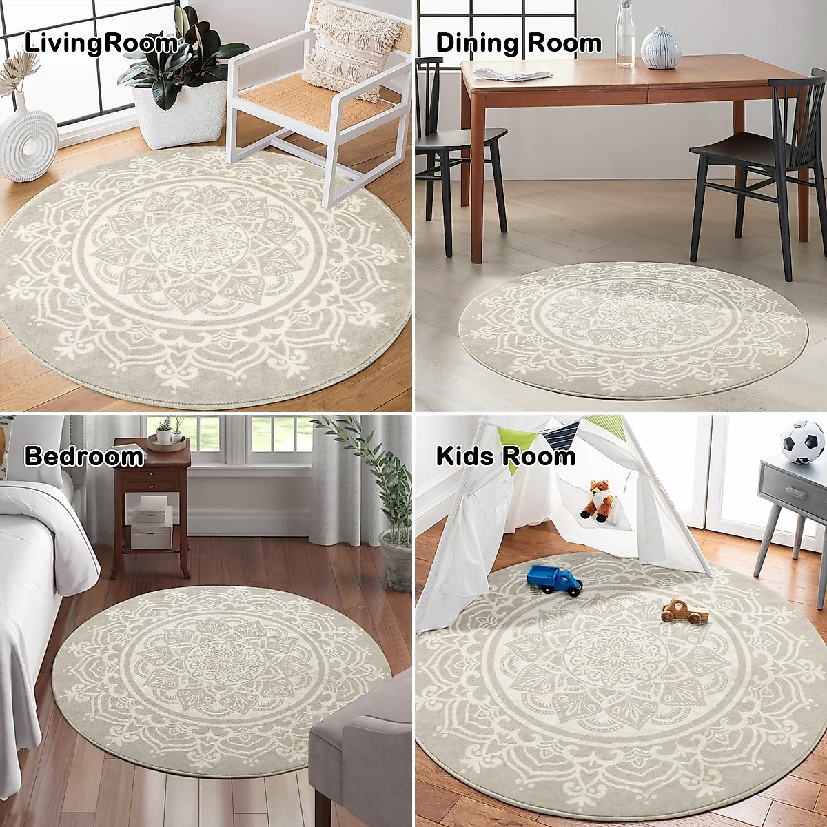 Carvapet 5' Round Boho Mandala Area Rug – Black and Ivory Chic Circle Rug, Non-Slip, Machine Washable Soft Throw Floor Mat for Entryway, Foyer, Living Room, Bedroom, Nursery, or Playroom