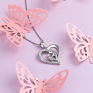 DAOCHONG Mother Holding Child Sterling Silver Mothers Love Heart CZ Pendant Women Necklace 18 inches