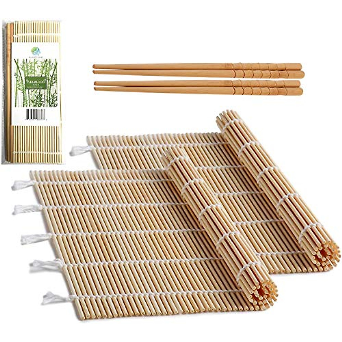 FUNGYAND Bamboo Sushi Rolling Mat with 2 Pairs of Chopsticks Natural Bamboo 9.5"x9.5" 2 PCS Sushi Making Kit