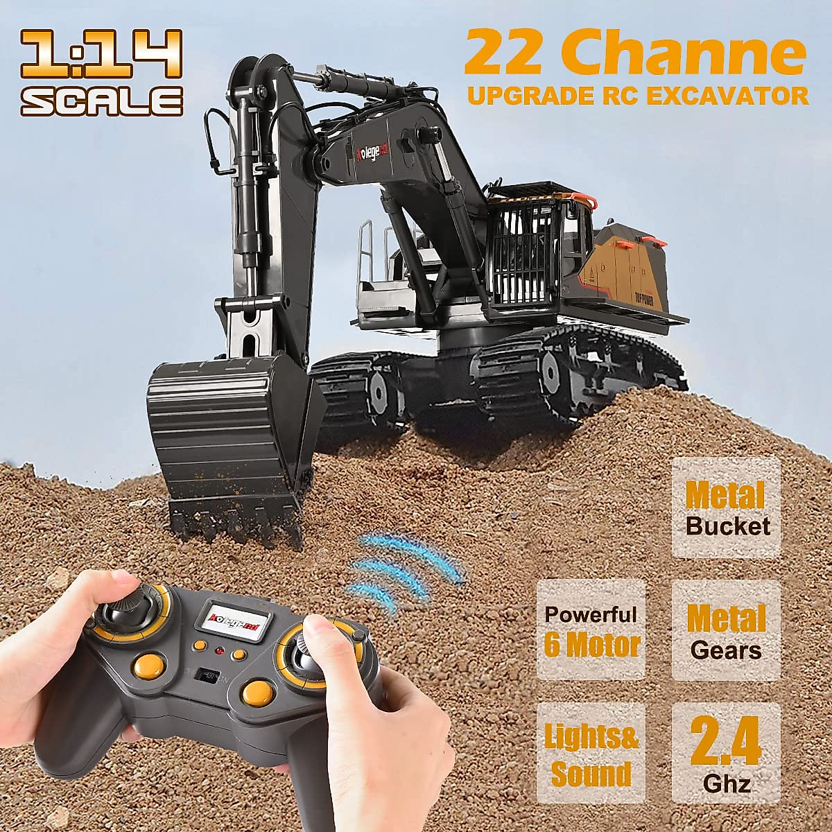 kolegend 22 Channel RC Excavator Metal Shovel Independent Arms 1/14 Scale, Professional Remote Control Construction Vehicles, Boy Toys Best Gift for 8+ Years Old Boys Adults