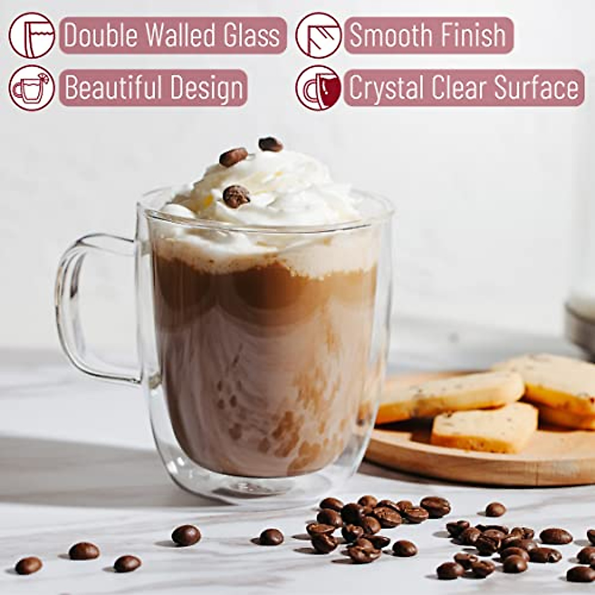 BTaT- Insulated Coffee Mugs, Glass Tea Mugs, Set of 4 (12 oz, 350 ml), Double Wall Glass Coffee Cups, Tea Cups, Latte Cups, Glass Coffee Mug, Beer Glasses, Latte Mug, Clear Mugs