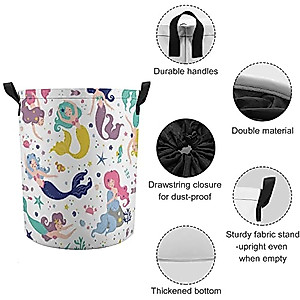 Funny Mermaids Laundry Hamper Collapsible Laundry Basket with Drawstring Waterproof Ocean Stars Toys Storage Basket with Handle, 14x17.3 Inches