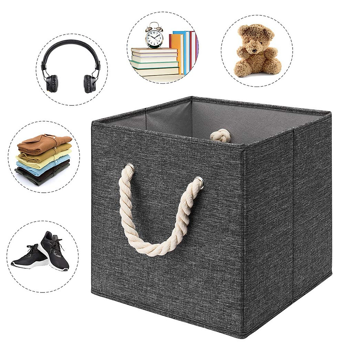 HSDT 10.5 Inch Storage Boxes Fabric Cube Storage Bins Foldable Storage Basket Grey Storage Cube Inserts with Handles Collapsible Orgnizing Bins for Storage Cubes Organizer,Package of 6, Q-ST-60-6