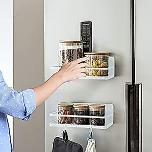 Gerguirry Magnetic Spice Racks White, Magnetic Shelves for Refrigerator Kitchen Shelf Organizers and Storage with 4 Removable Hooks Easy to Install（2 Pack
