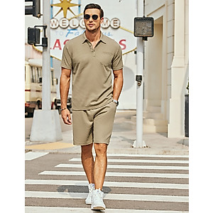 COOFANDY Men's Waffle Knit Polo Shirt and Shorts Set 2 Pieces Outfits Summer Suit Casual Tracksuit with Pockets