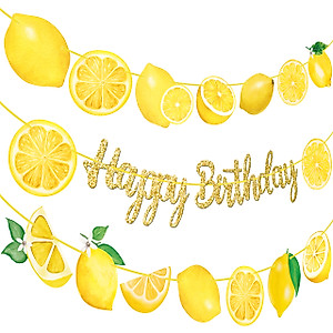 Lemon Happy Birthday Banners Glitter Gold Lemongrass Birthday Party Decorations Yellow Lemon Lemonade Party Decorations for Summer Fruit Birthday Party Lemon Theme Bridal Shower Supplies