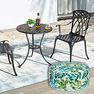 FUNHOME Inflatable Ottoman with Pump,Outdoor Pouf Ottomans for Patio Waterproof D20xH9 Inch,Round Foot Rest,Portable Blow Up Footstools for Home Garden Camping Travel(Palm Leaf)