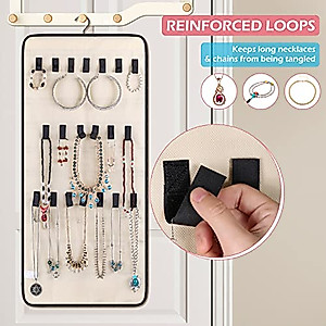 MISSLO Dual-sided Hanging Jewelry Organizer with 40 Pockets and 20 Hook & Loops Closet Necklace Holder for Earring Bracelet Ring Chain with Rotating Hanger, Beige