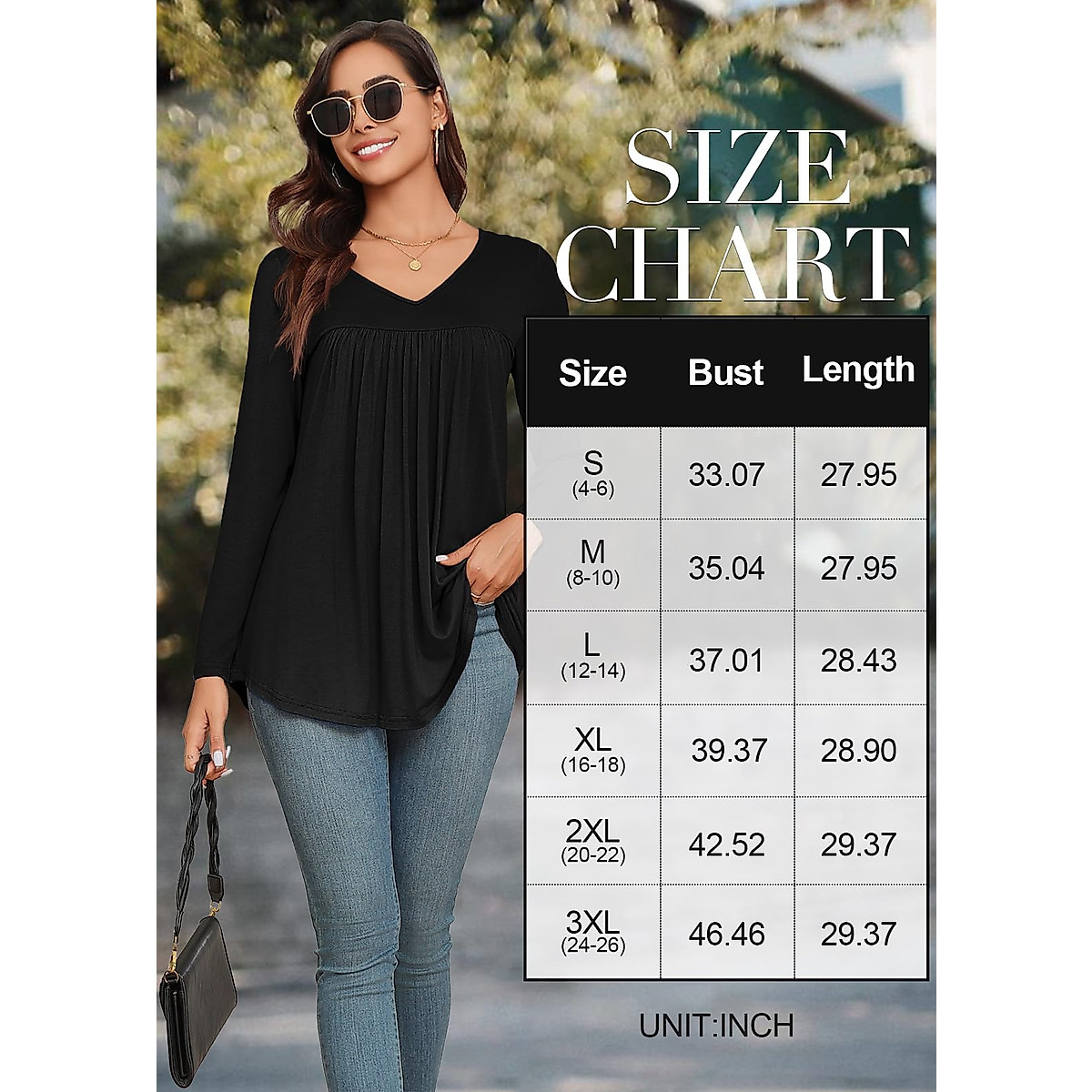 LAOLASI Womens Black Long Sleeve Tunic Tops V Neck Casual Dressy Shirts Loose Fashion Blouses Fall Winter Tops For Women,XL