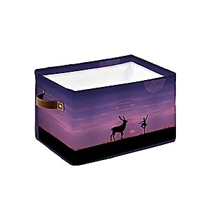 1 Pack Forest Deer Cube Storage Organizer Bins with Handles,Collapsible Canvas Cloth Fabric Storage Basket,Wild Purple Starry Sky Sunset Dancing Women Books Kids' Toys Bin Boxes for Shelves,Closet