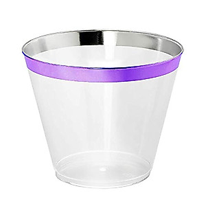 100 Purple Rimmed Plastic Cups and 1 Silver Ice Tong Set - 9 Ounce Disposable Wine Glasses - Plastic Cocktail Cups - Fancy Clear Plastic Cups - Purple Party Decorations - Mermaid Party Supplies