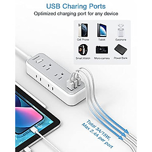 Small Power Strip with 3 USB Ports, TESSAN Flat Plug Extension Cord 6 Feet, Mini 6 Outlets Portable Nightstand Desktop Charging Station for Travel Dorm Room Cruise Ship Essentials