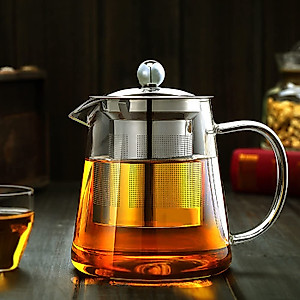 Glass Teapot with Removable Stainless Steel Infuser, Borosilicate Glass Tea Pot with Strainer,for Blooming Tea & Loose Leaf Tea, Microwave & Stovetop Safe (33OZ)