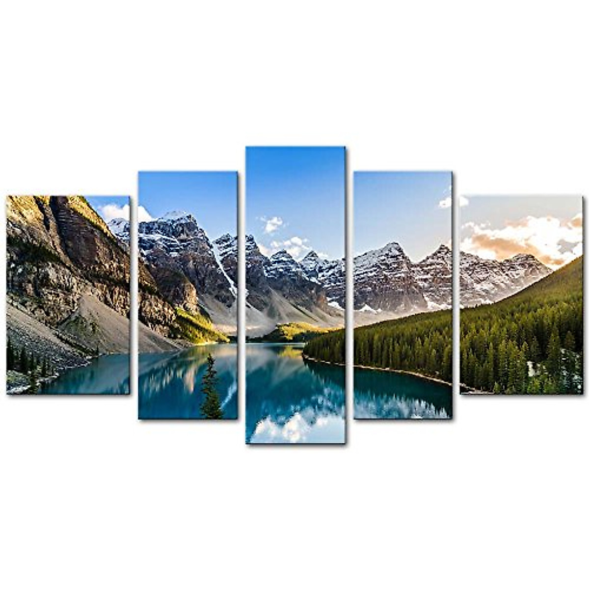 Wall Art Decor Poster Painting On Canvas Print Pictures 5 Pieces Moraine Lake And Mountain Range Sunset Canadian Rocky Mountains Landscape Framed Picture For Home Decoration Living Room Artwork